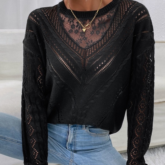 BellanBlue | Sweaters | Cozy Black Floral Lace Mesh Knit Oversized ...